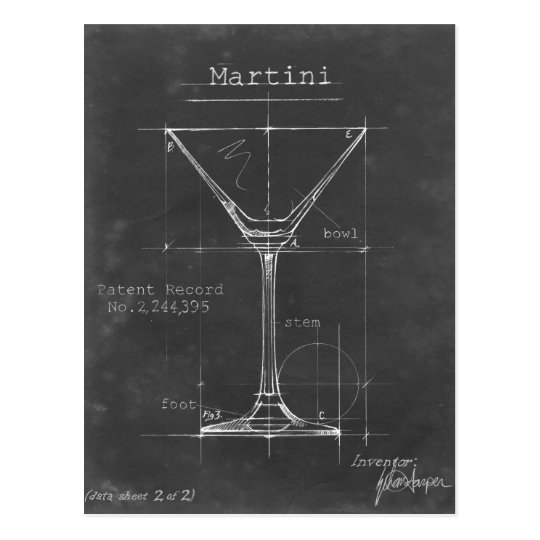 Black & White Martini Glass Blueprint Postcard | Zazzle.com