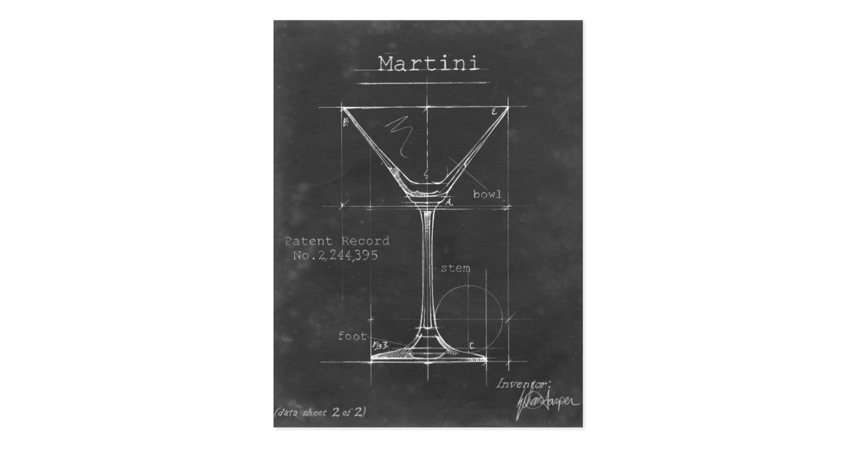 Black & White Martini Glass Blueprint Postcard | Zazzle.com