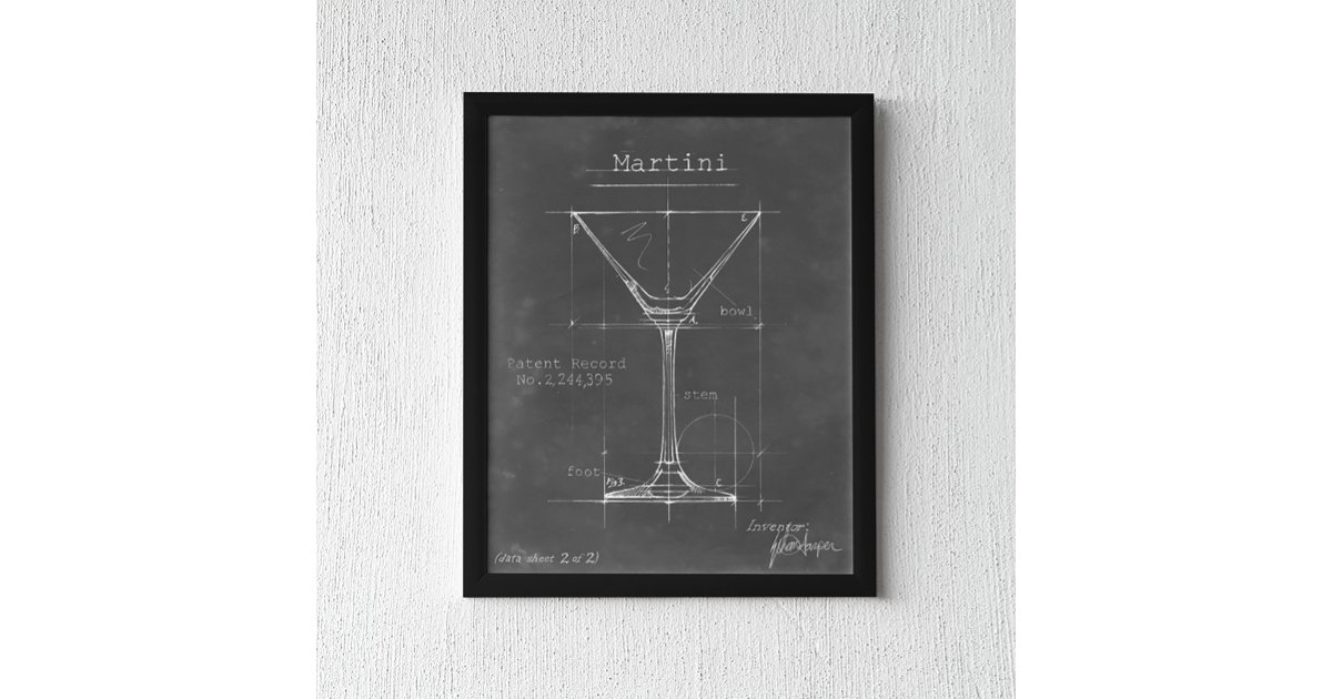Black & White Martini Glass Blueprint Poster | Zazzle