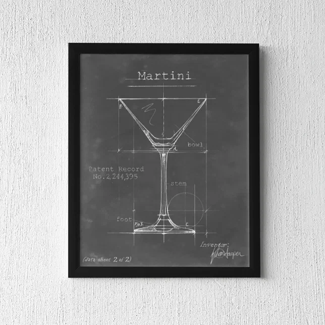 Black & White Martini Glass Blueprint Poster | Zazzle