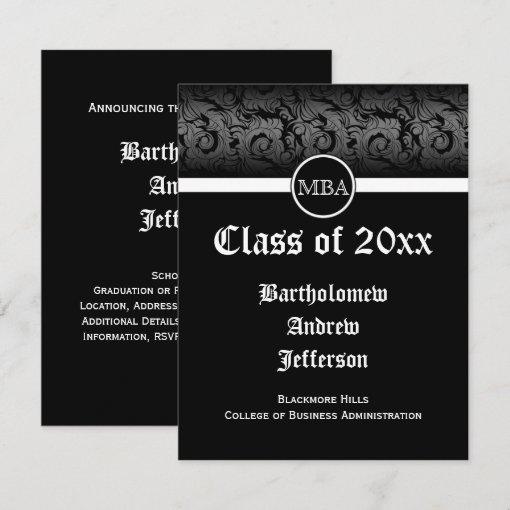 Black/White MBA Business Grad School Graduation Invitation | Zazzle