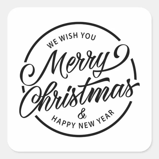 Black White Merry Christmas Calligraphy Script Square Sticker | Zazzle