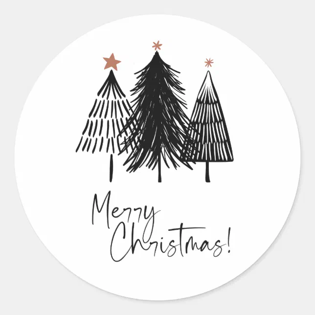 Black White Merry Christmas Trees Star Classic Round Sticker | Zazzle