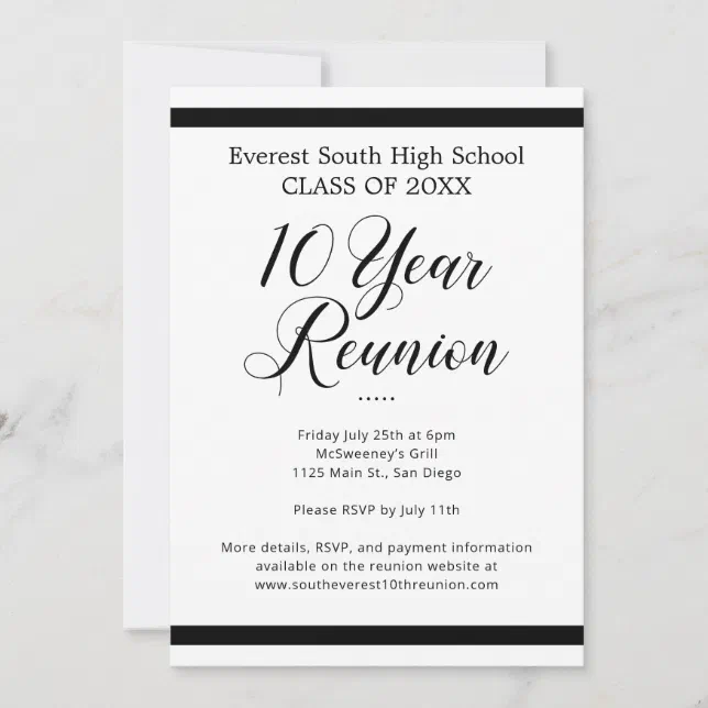 Black White Minimalist 10 Year Class Reunion Invitation | Zazzle