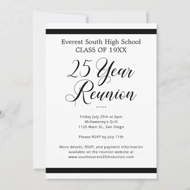 Black White Minimalist 25 Year Class Reunion Invitation | Zazzle