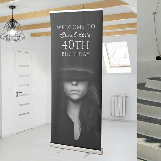 Black White Minimalist Event Birthday Party Photo Retractable Banner ...