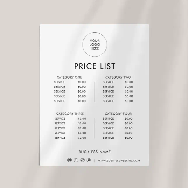 Black White Minimalist Formal Price List | Zazzle