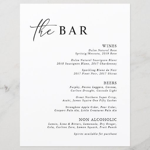 Black White Minimalist Modern Calligraphy Bar Menu | Zazzle