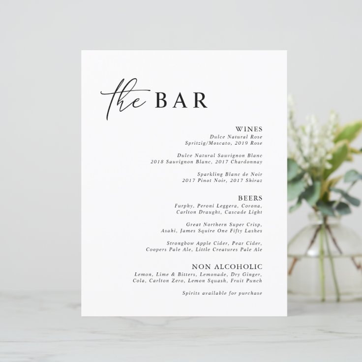 Black White Minimalist Modern Calligraphy Bar Menu | Zazzle