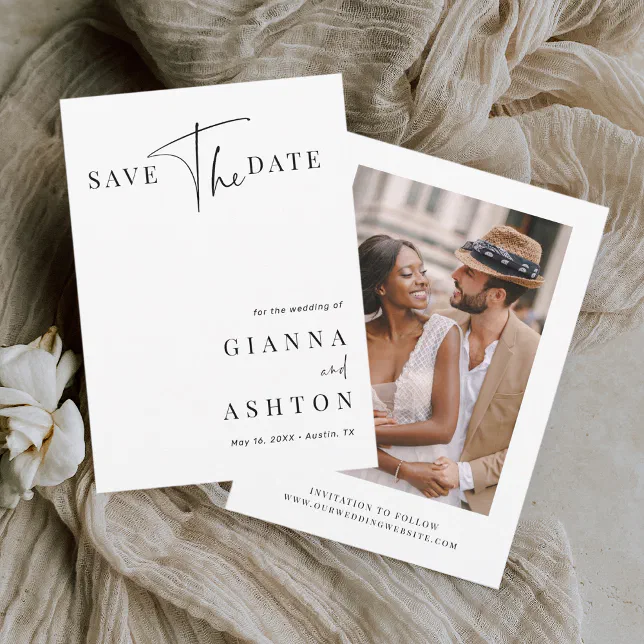 Black & White Modern Calligraphy Wedding Photo Save The Date | Zazzle