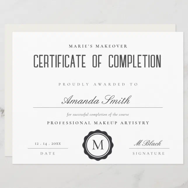 Black White Modern Certificate of Completion Award | Zazzle