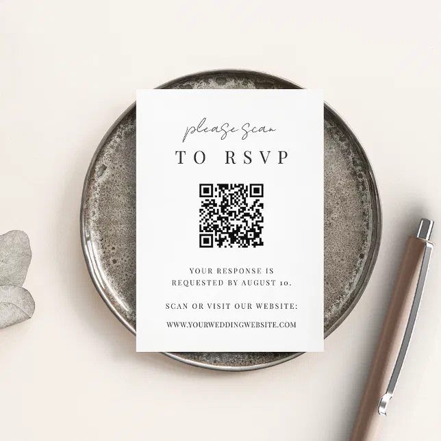 Black & White Modern Script QR Code Wedding RSVP Enclosure Card | Zazzle