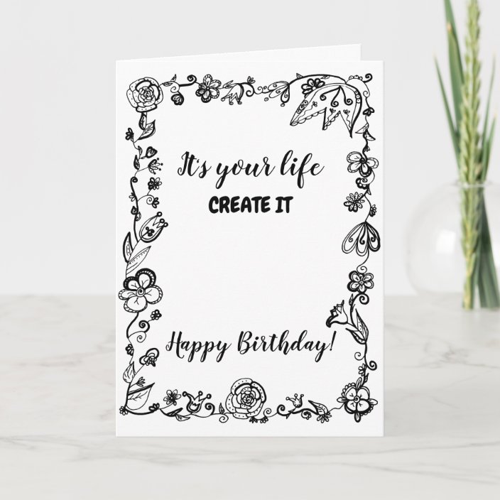 Black White Monochrome Boho Floral Doodle Birthday Card | Zazzle.com