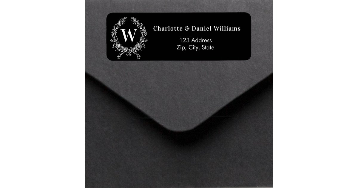 Black white monogram initial wreath return address label | Zazzle