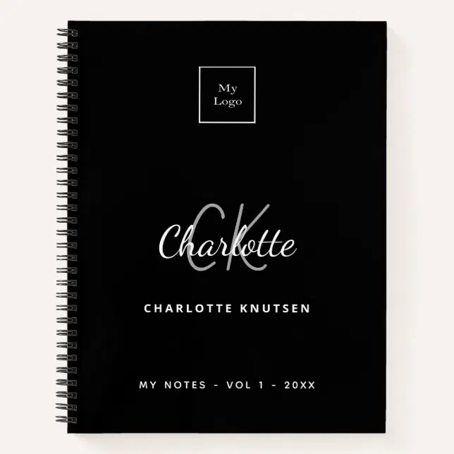 Black white monogram name logo business notebook | Zazzle
