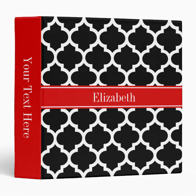 Black White Moroccan #5 Red Name Monogram Binder | Zazzle