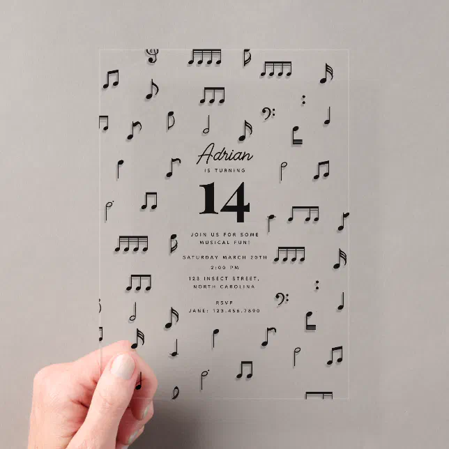 Black & White Musical Notes Symbol Birthday Party Acrylic Invitations ...