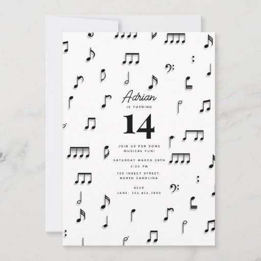 Black & White Musical Notes Symbol Birthday Party Invitation | Zazzle