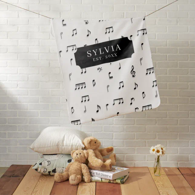 Black & White Musical Notes Symbol Pattern Name Baby Blanket | Zazzle