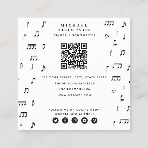 Black & White Musical Notes Symbol QR Code Square Business Card | Zazzle
