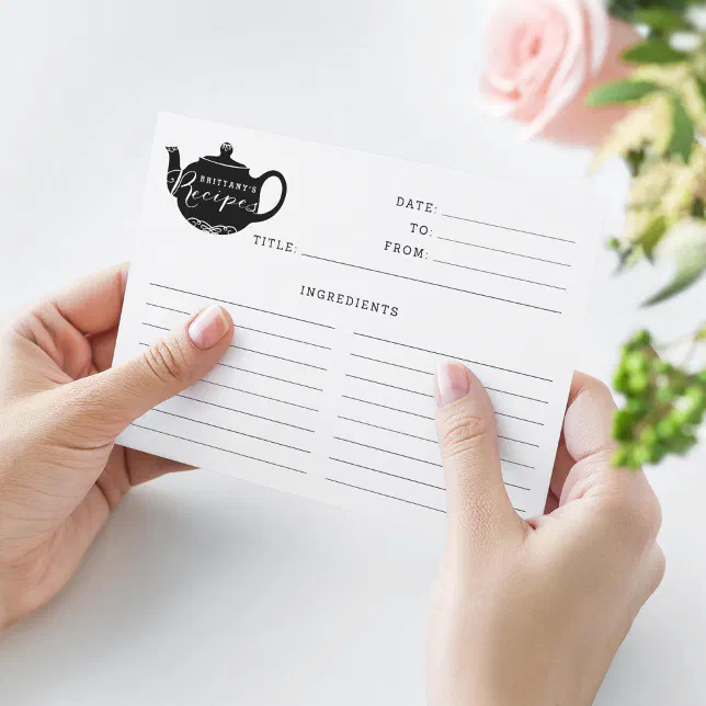 Black & White Name Monogram Tea Pot Recipe Card | Zazzle