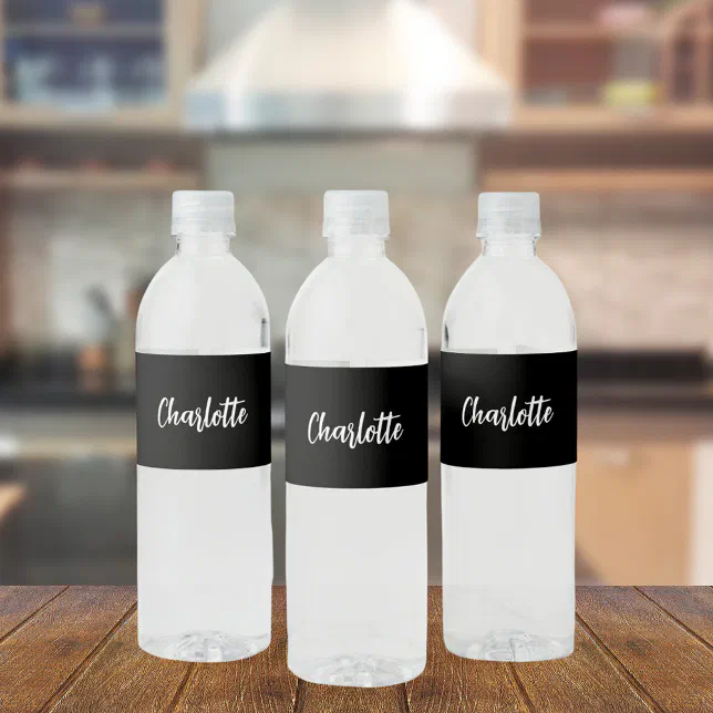 Black white name script elegant modern water bottle label | Zazzle