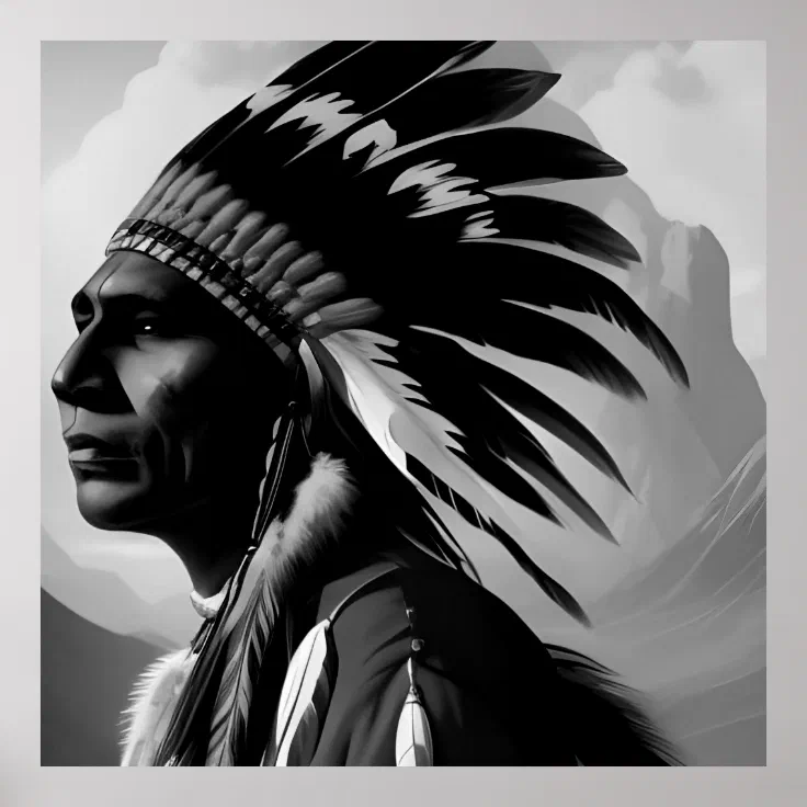 Black White Native American Indian Man Monochrome Poster | Zazzle