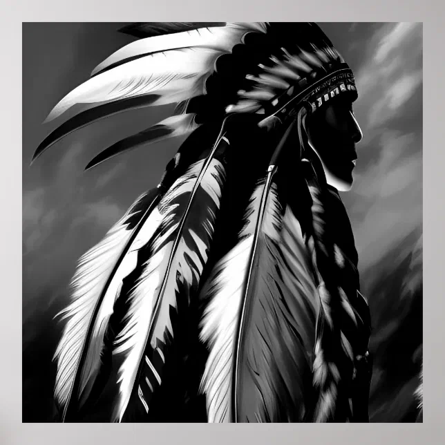Black White Native American Indian Man profile Poster | Zazzle