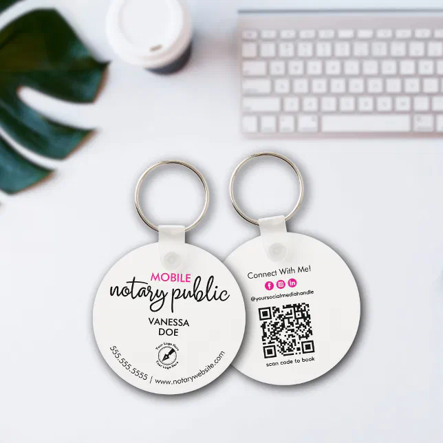 Black & White Notary QR Code Logo Business Promo Keychain | Zazzle
