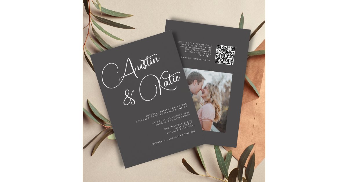 Black & White Oversized Script Photo RSVP Wedding Invitation | Zazzle