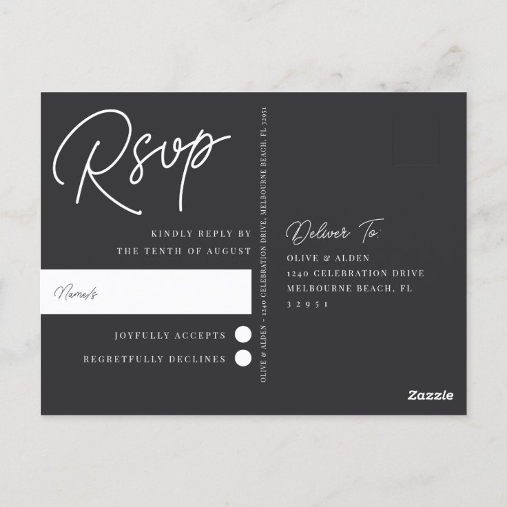 Black & White Oversized Script RSVP Postcard | Zazzle