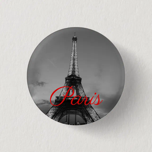 Black White Paris City Night Eiffel Tower European Button | Zazzle