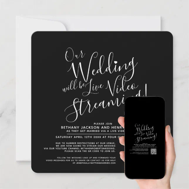 Black white photo live streaming wedding qr code invitation | Zazzle