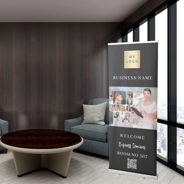 Black white photo QR code business logo conference Retractable Banner ...
