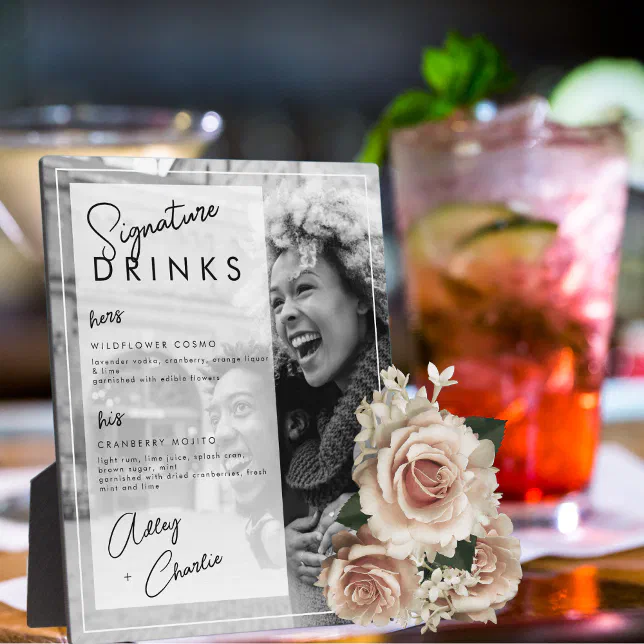 Black White Photo Wedding Couple Signature Drink Plaque | Zazzle