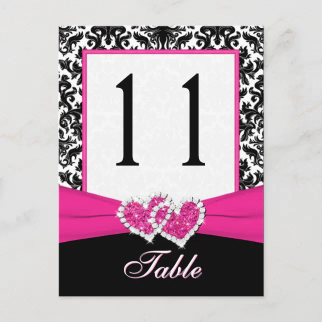 Black, White, Pink Damask Table Number Post Card | Zazzle