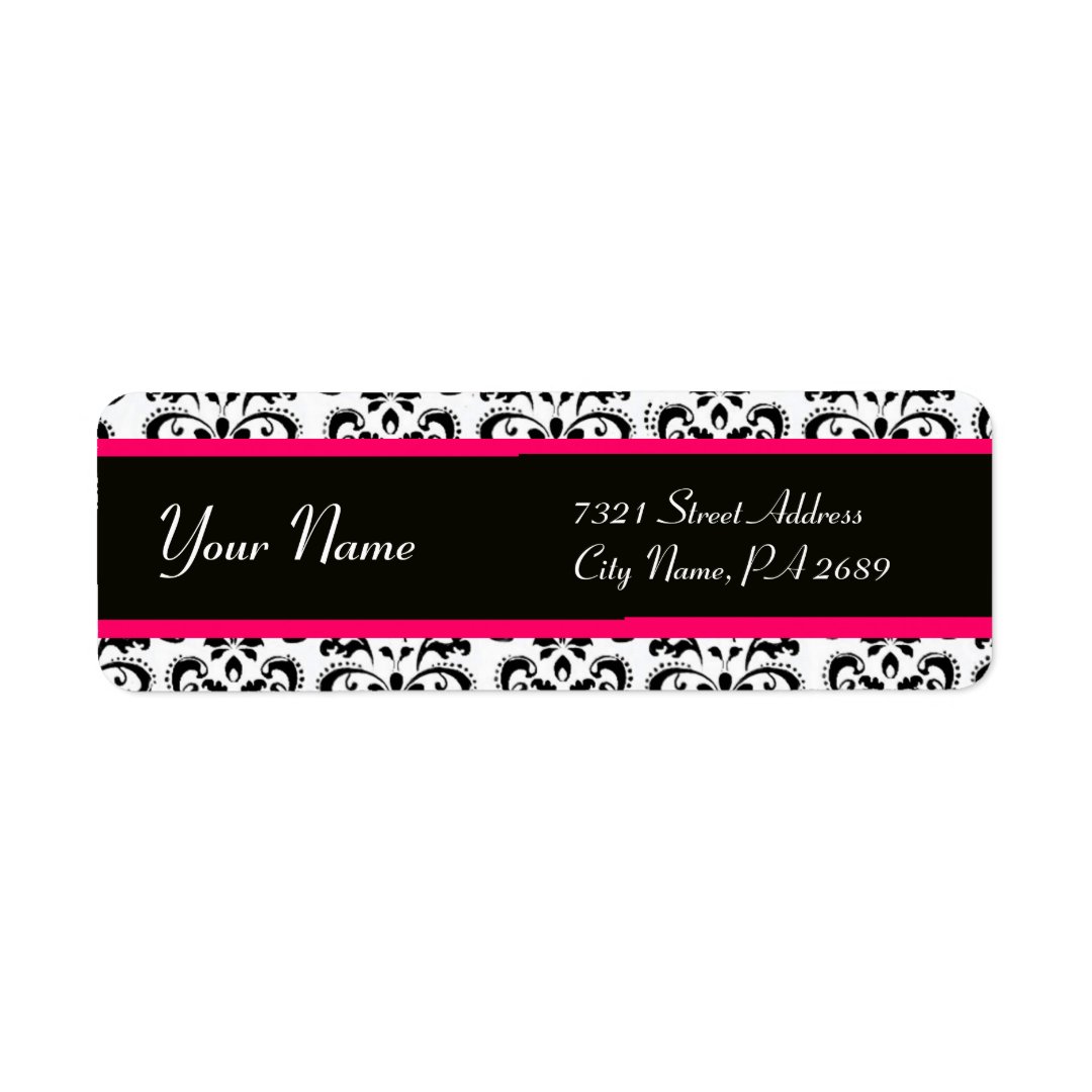 BLACK WHITE PINK FUCHSIA DAMASK LABEL | Zazzle