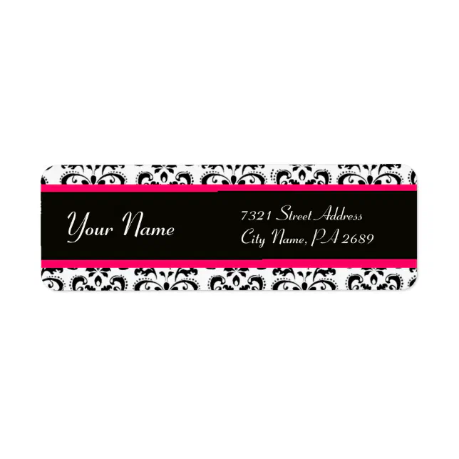 BLACK WHITE PINK FUCHSIA DAMASK LABEL | Zazzle