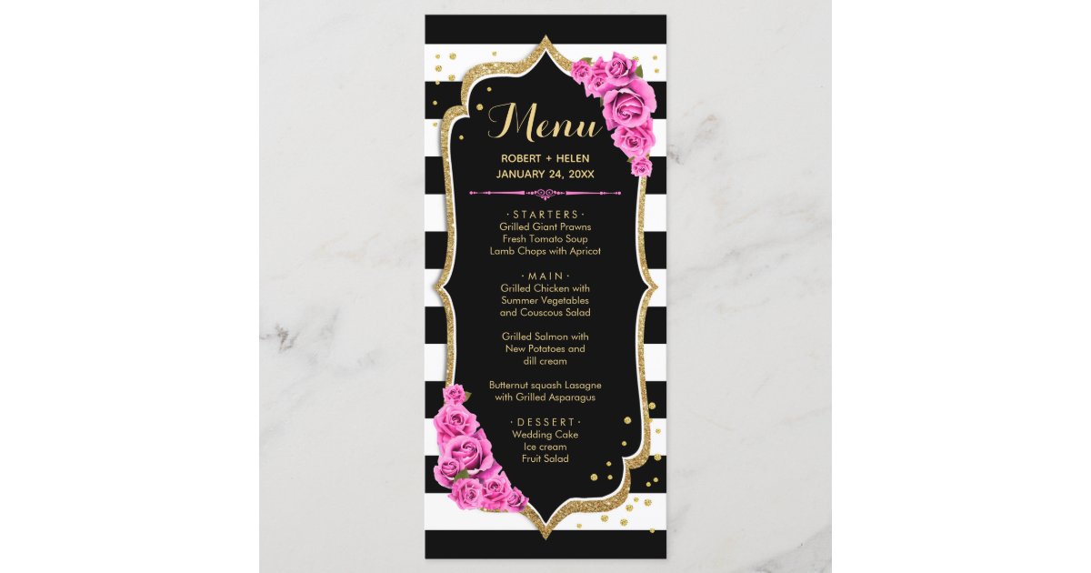 Black White Pink Gold Menu Card | Zazzle