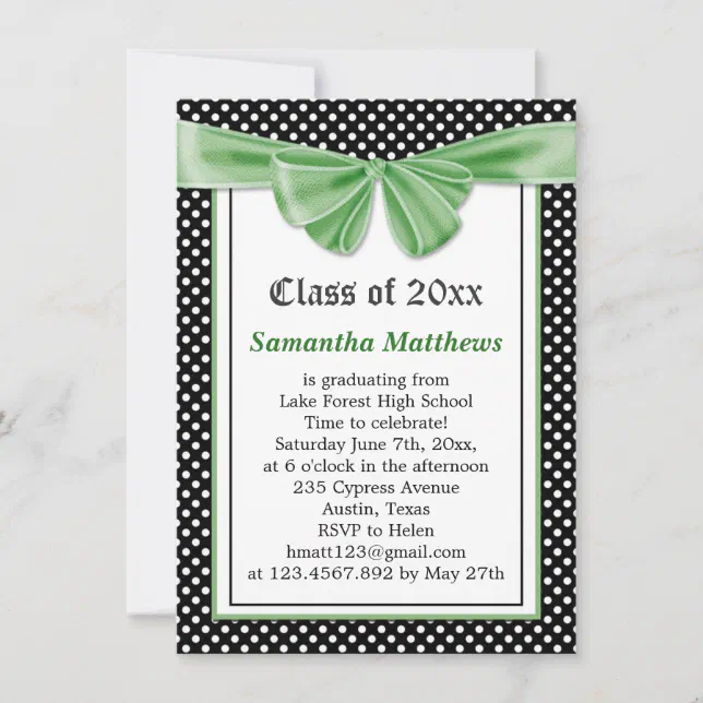 Black white polka dot ribbon Graduation Invitation | Zazzle