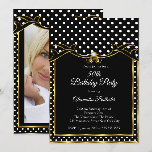 Black White Polka Dots Birthday Party Photo Invitation | Zazzle