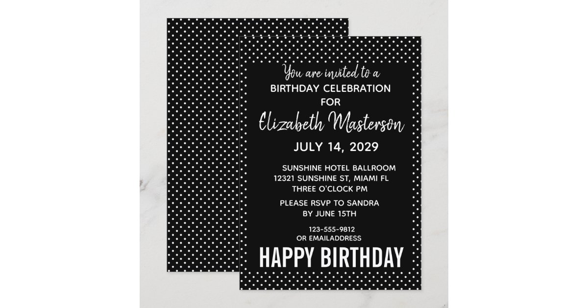 Black White Polka Dots Happy Birthday Pattern Invitation | Zazzle