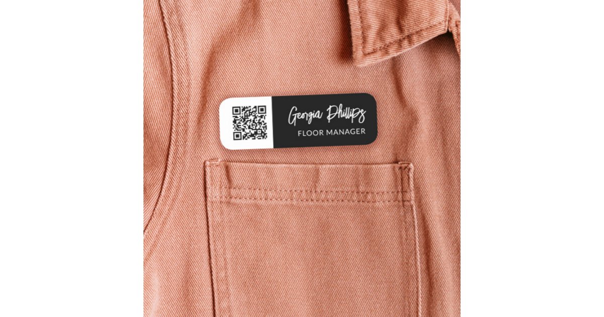 Black & White QR Code Brush Script Name Tag | Zazzle