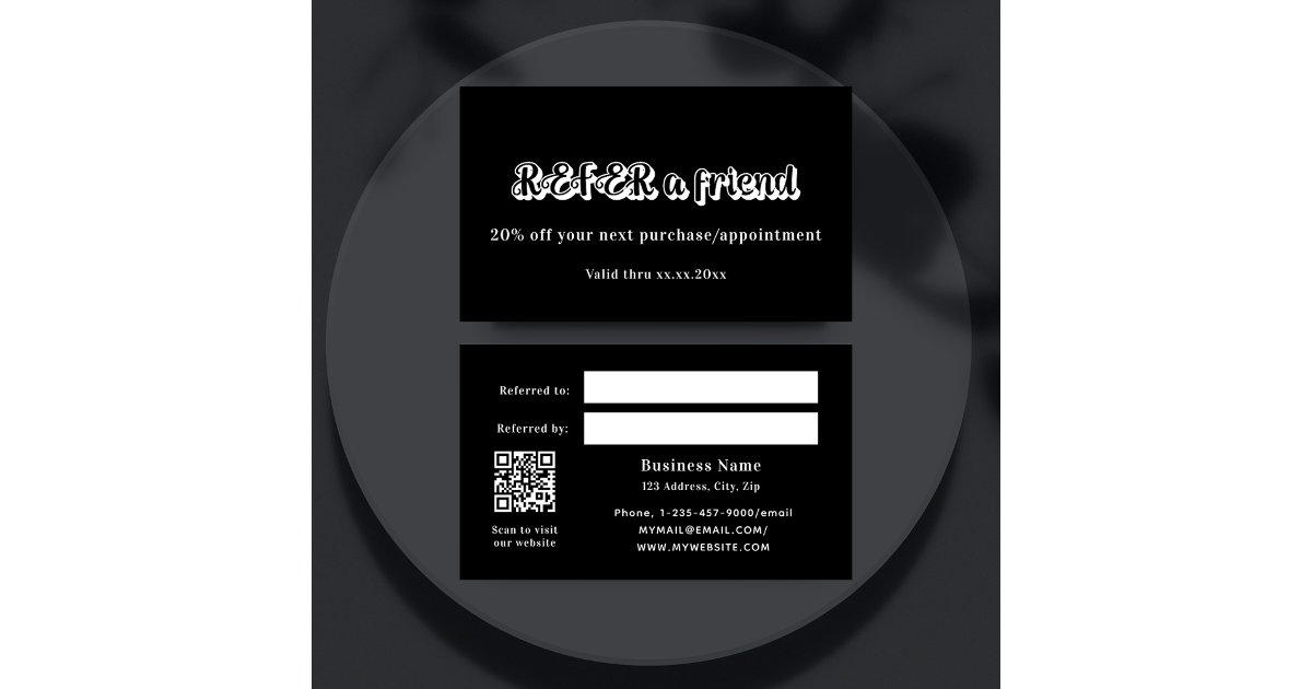 Black white qr code business referral card | Zazzle