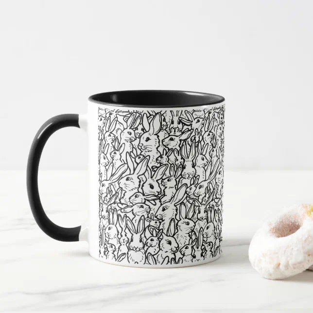 Black & White Rabbit Drawings Modern Bunny Pattern Mug | Zazzle