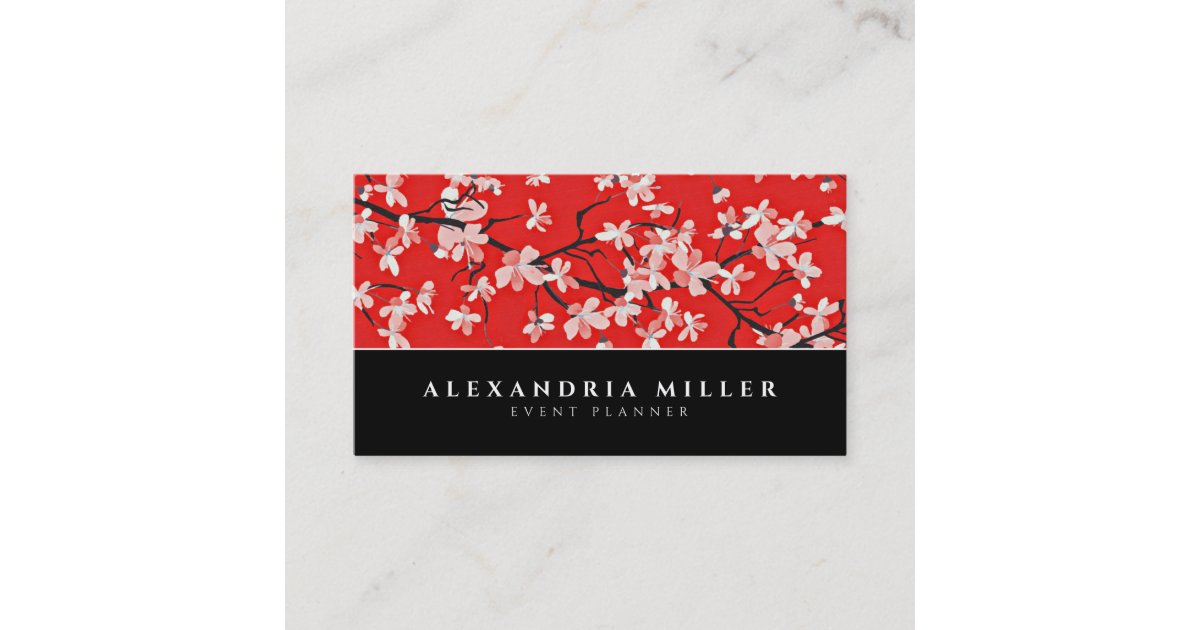 Black White & Red Cherry Blossom Floral Business Card | Zazzle