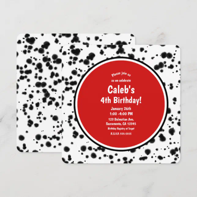 Black White Red Dalmatian Spots Birthday Party Invitation | Zazzle