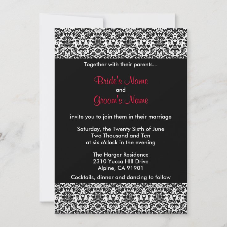 Black/White/Red Damask Wedding Invitation | Zazzle