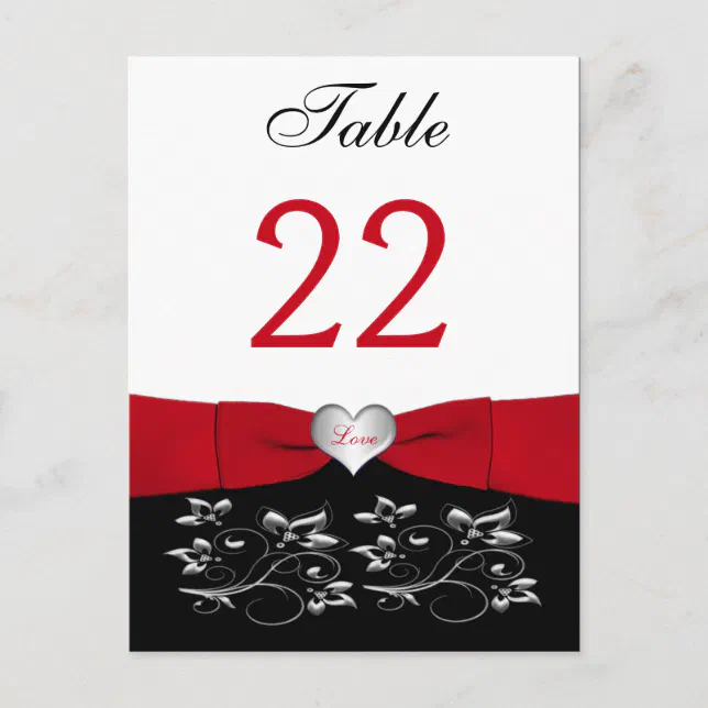 Black White Red Floral, Heart Table Number Card | Zazzle