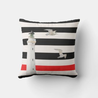 Black white red nautical stripes lighthouse throw pillow | Zazzle